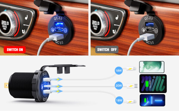 USB tengi þrefalt með loki 12/24V - Rafdan